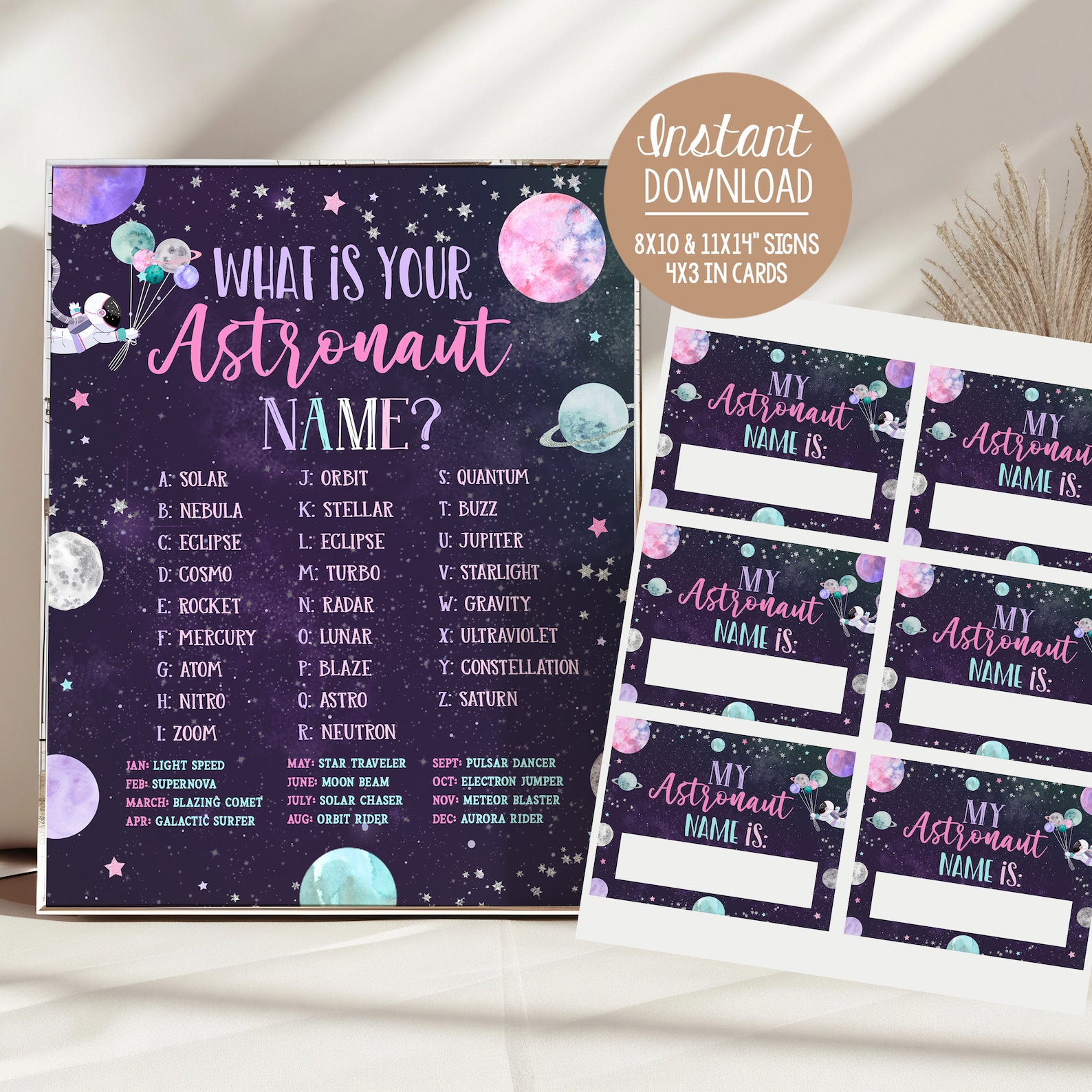 Girl Space Name Game Sign Outer Space Birthday Party Activity Galaxy ...