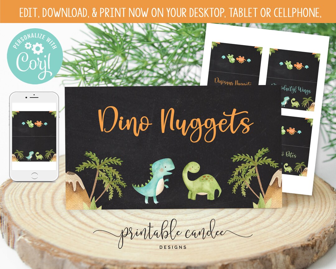 Dinosaur Food Tent Signs Baby Shower Birthday Party Orange Green Blue ...