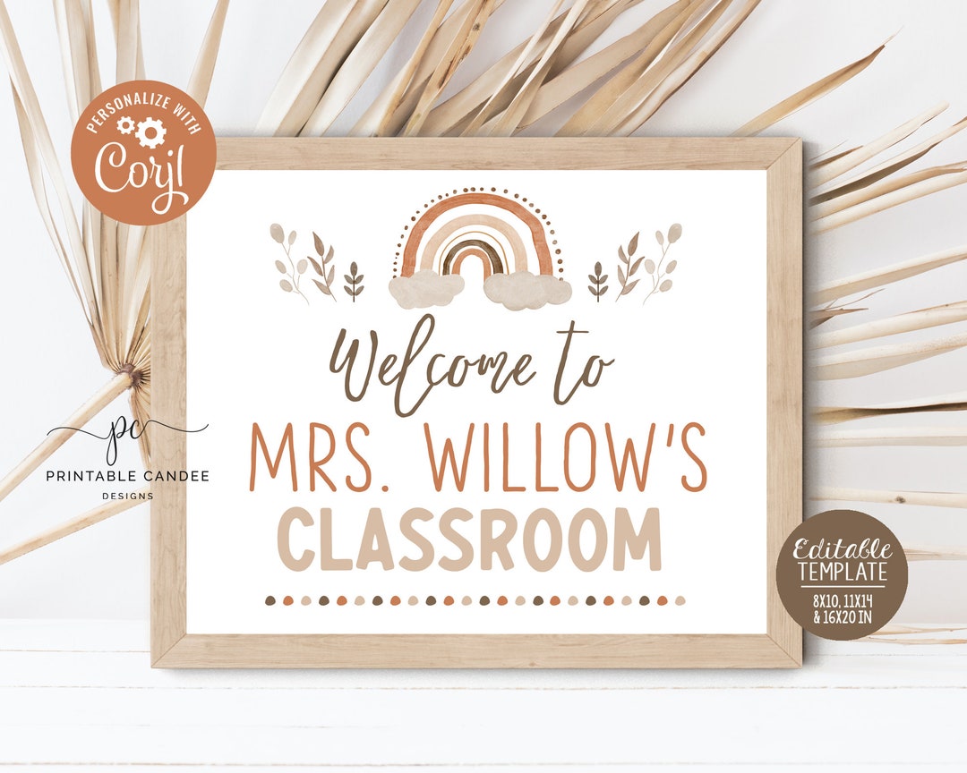 Editable Teacher Name Sign Template Classroom Decor Boho Rainbow Class ...