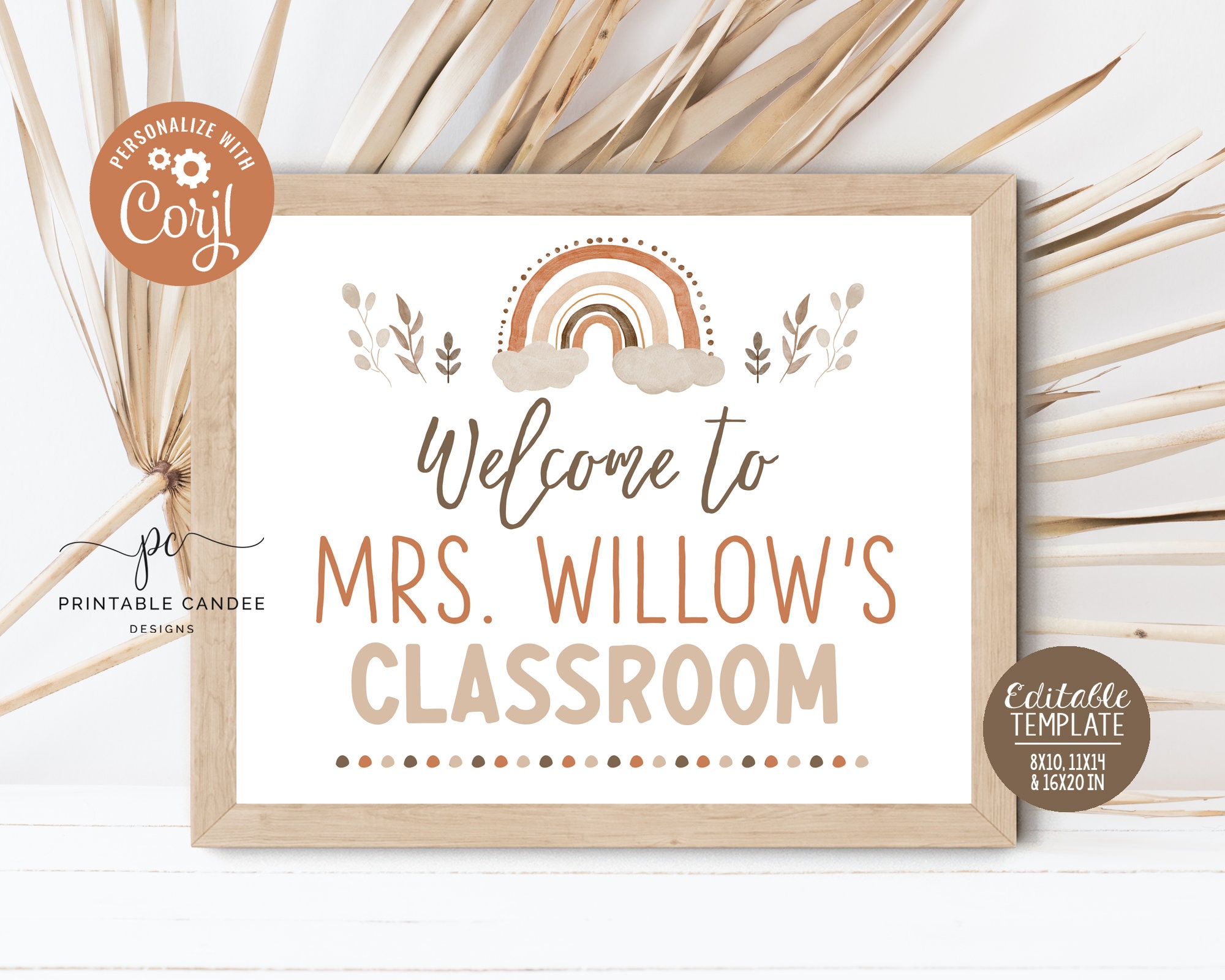Editable Teacher Name Sign Template Classroom Decor Boho Rainbow Class ...