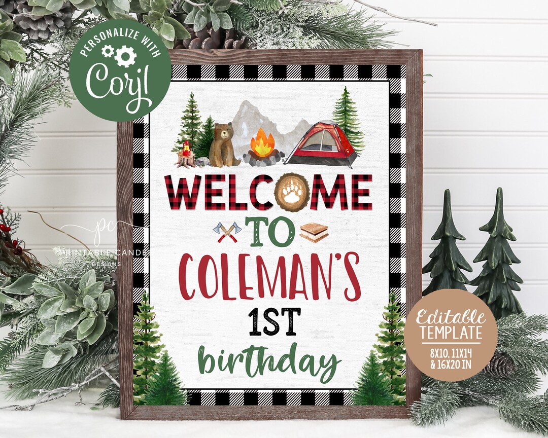 Editable Camping Welcome Sign Black Lumberjack One Happy Camper Smores ...
