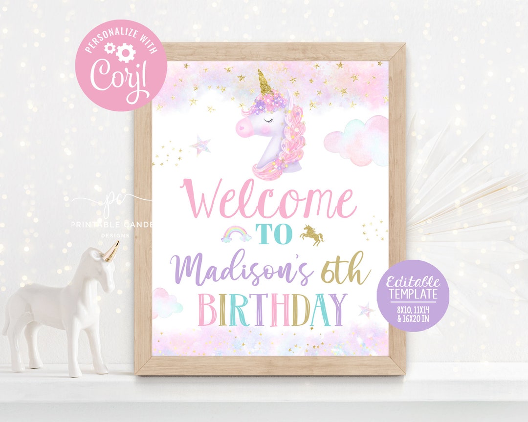 Editable Unicorn Welcome Sign Pastel Rainbow Unicorns Theme Sparkle ...