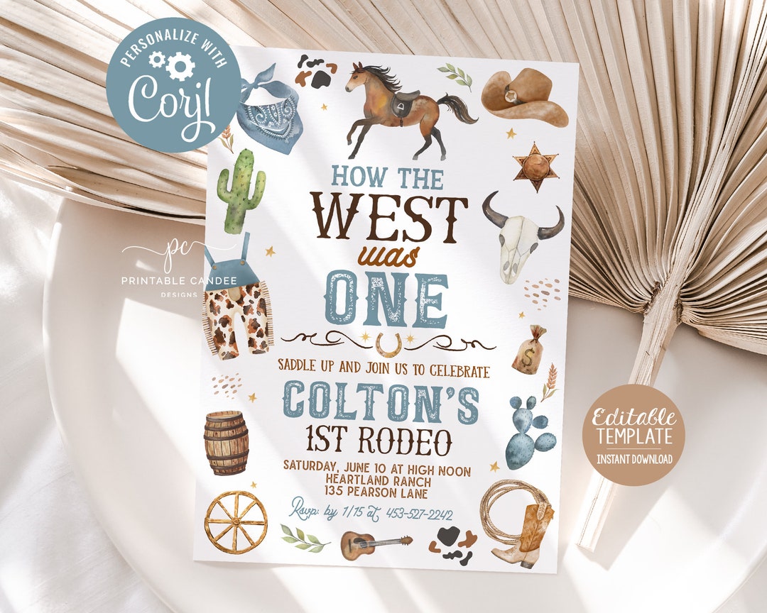 Editable How the West Was One Birthday Invitation Cowboy Blue 1st Rodeo ...