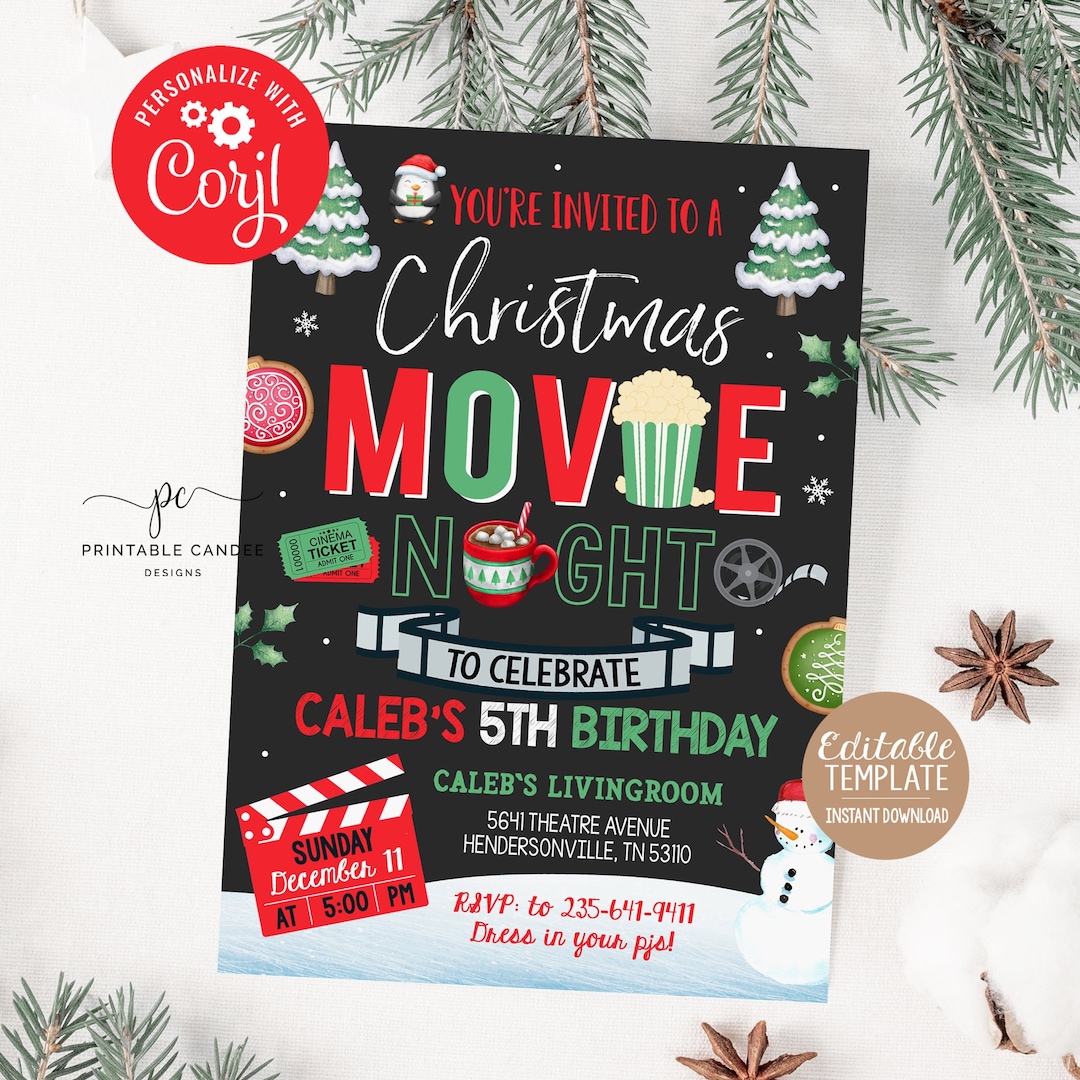 Christmas Movie Night Invitation Holiday Movie Birthday Party Red Green ...