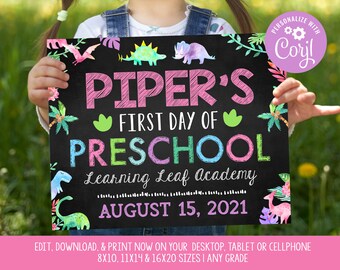 Girl Dinosaur First Day of Preschool Sign Instant Download Trex Girl ...