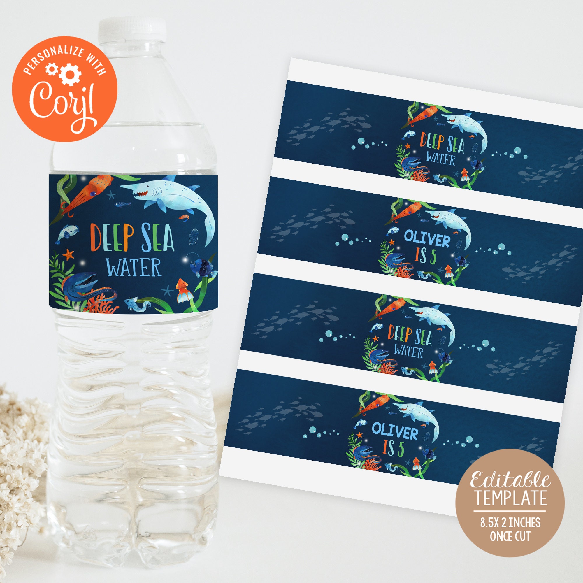 Editable Under the Sea Water Bottle Labels Deep Sea Creatures Boy ...