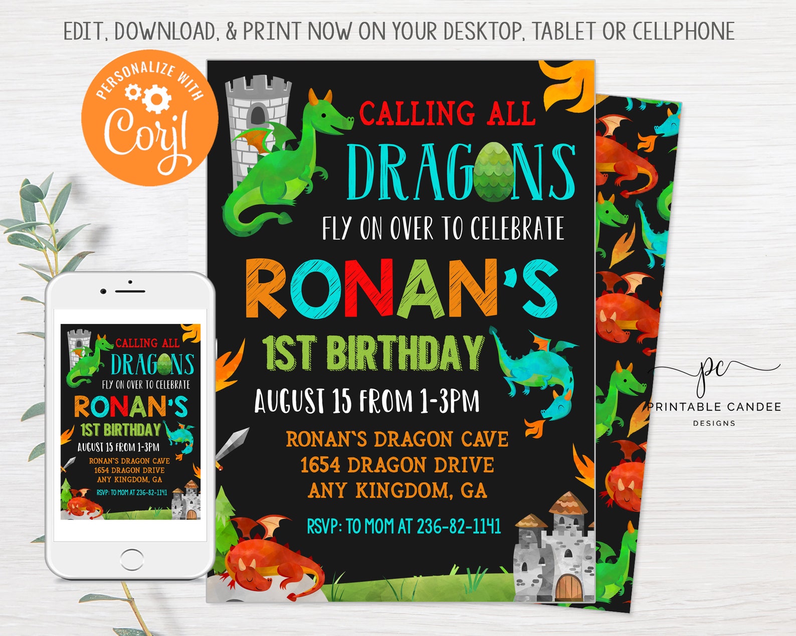 Dragon Birthday Invitation Editable Dragon Party Printable Invite Boy ...