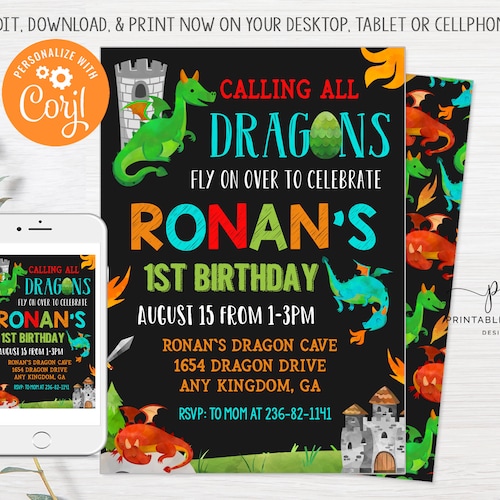 Dragon Birthday Invitation EDITABLE Dragon Birthday Party - Etsy