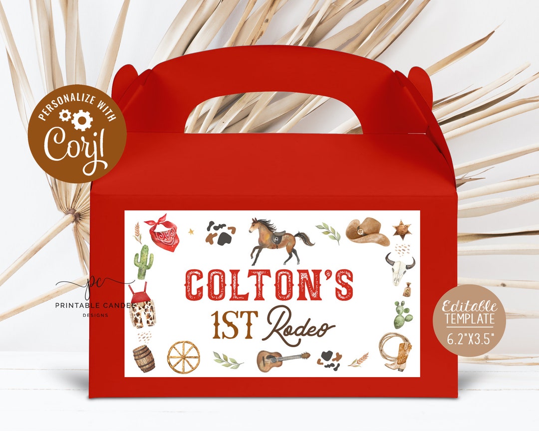 Cowboy Gable Box Labels 1st Rodeo Birthday Theme Wild West Favors Red ...