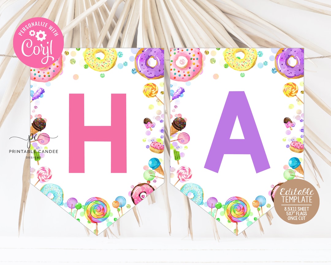 Candy Party Flag Banner Template Lollipop Donut Girl Birthday Theme ...