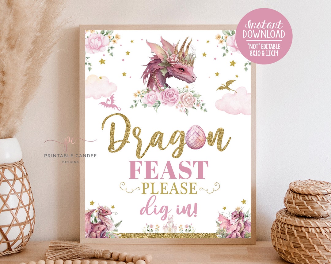 Girl Dragon Food Sign Pink Gold Dragon Birthday Party Theme Table Sign ...