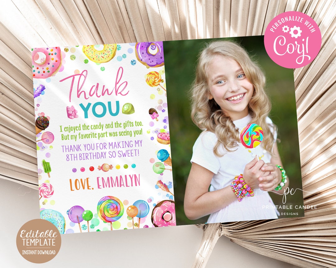 Candy Birthday Thank You Lollipop Donut Sweet Celebration Editable Girl ...