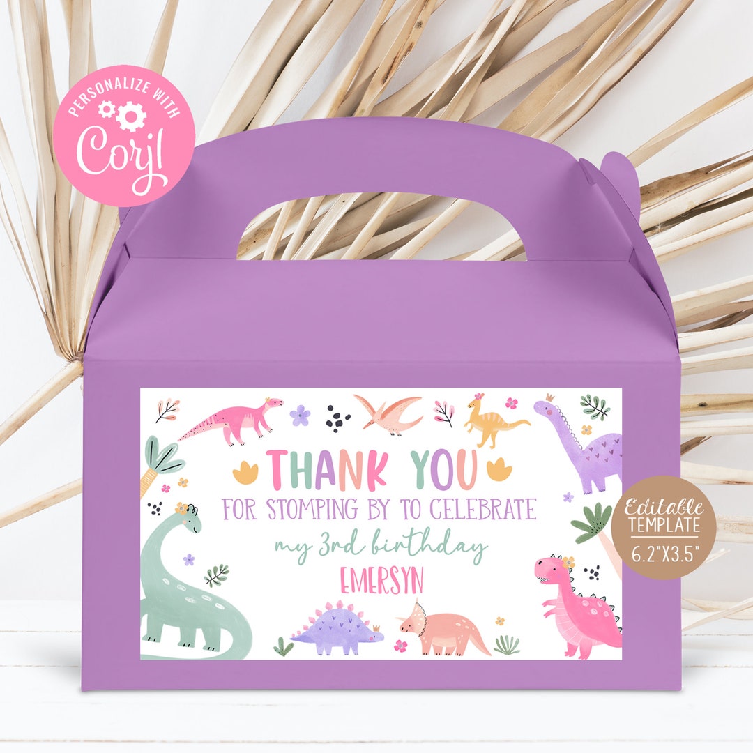 Pastel Dinosaur Editable Gable Box Label Girl Dino Birthday Party Decor ...
