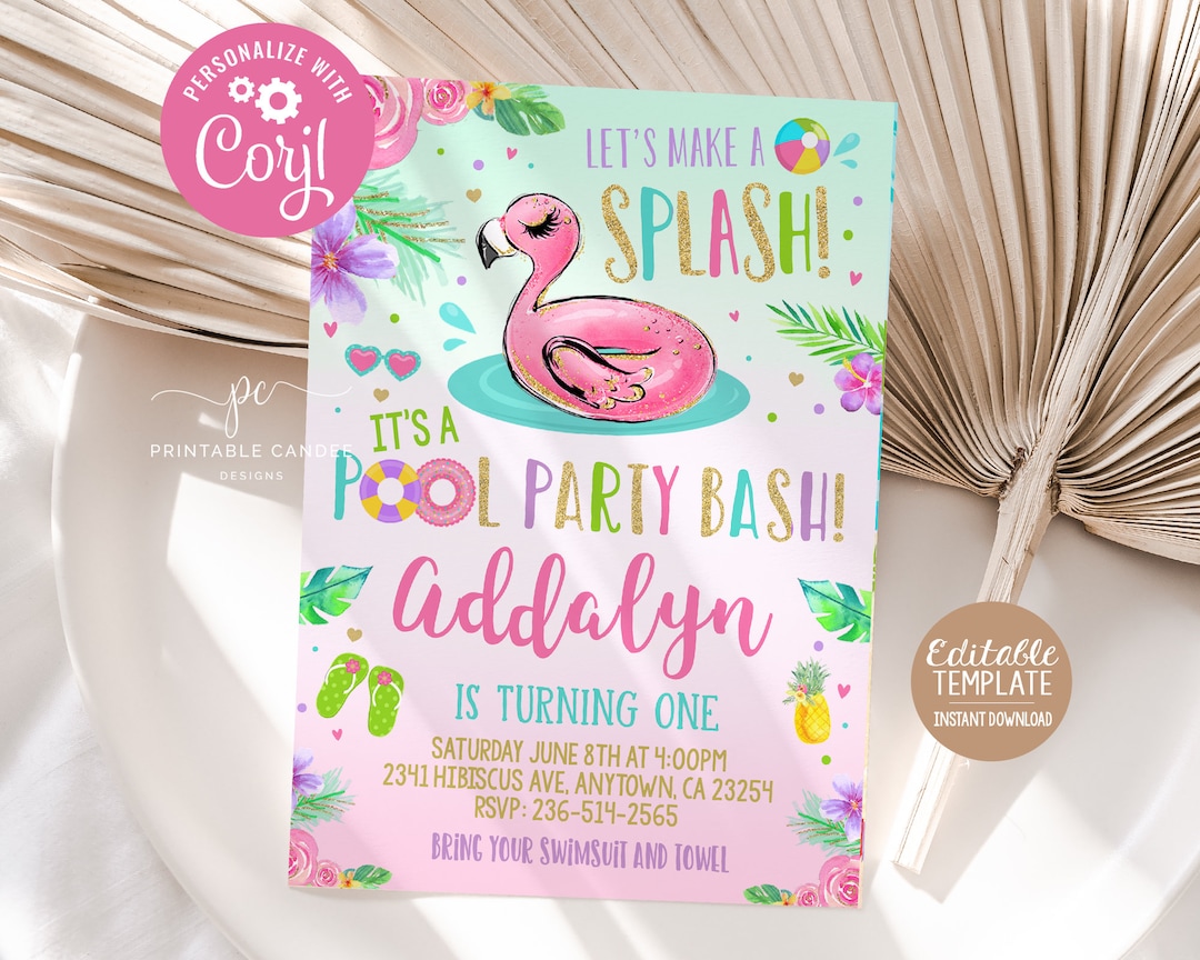 Flamingo Pool Party Invitation Editable Summer Birthday Invite Template ...
