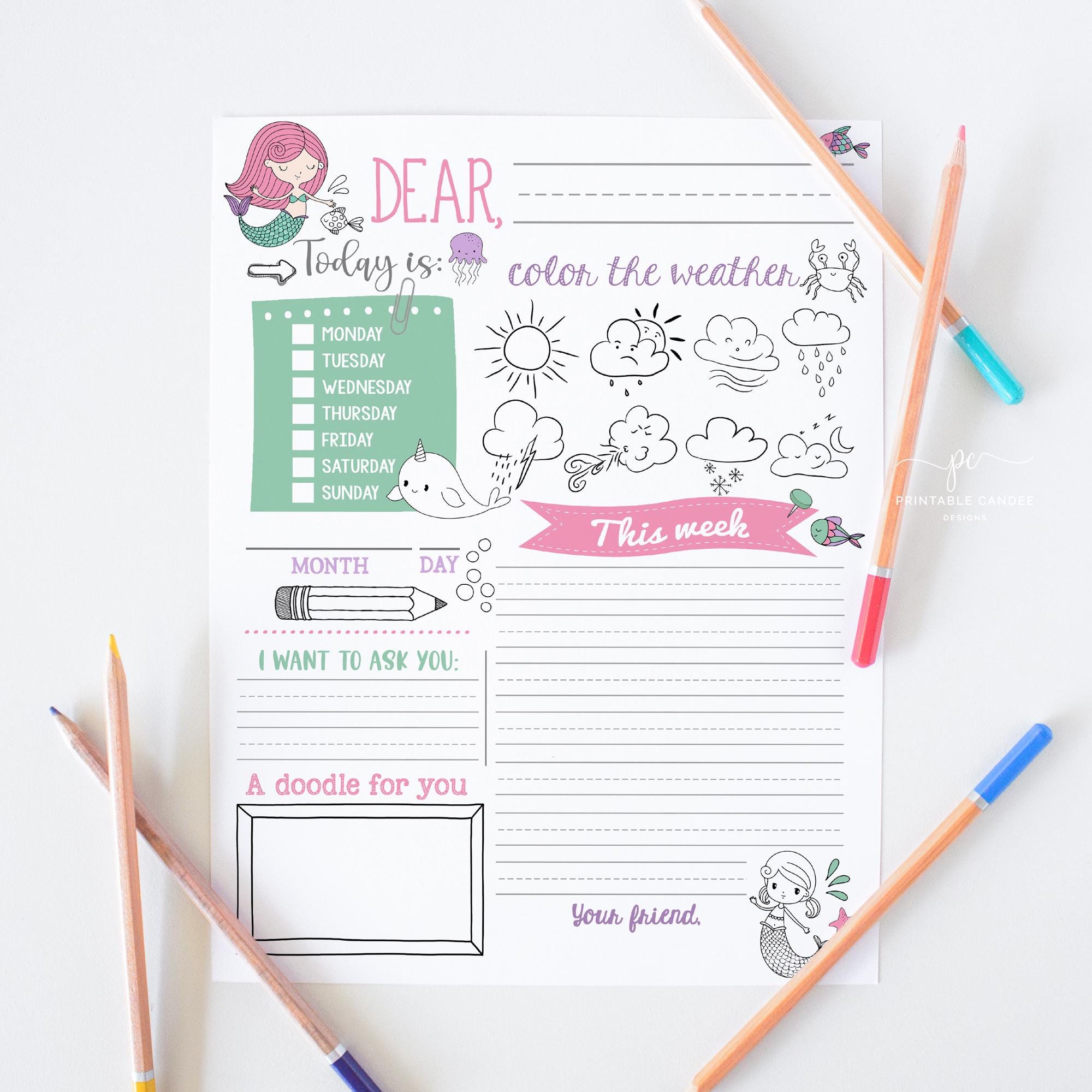 Mermaid Penpal Letter Guide Kids Children Letter Writing Girl Coloring ...