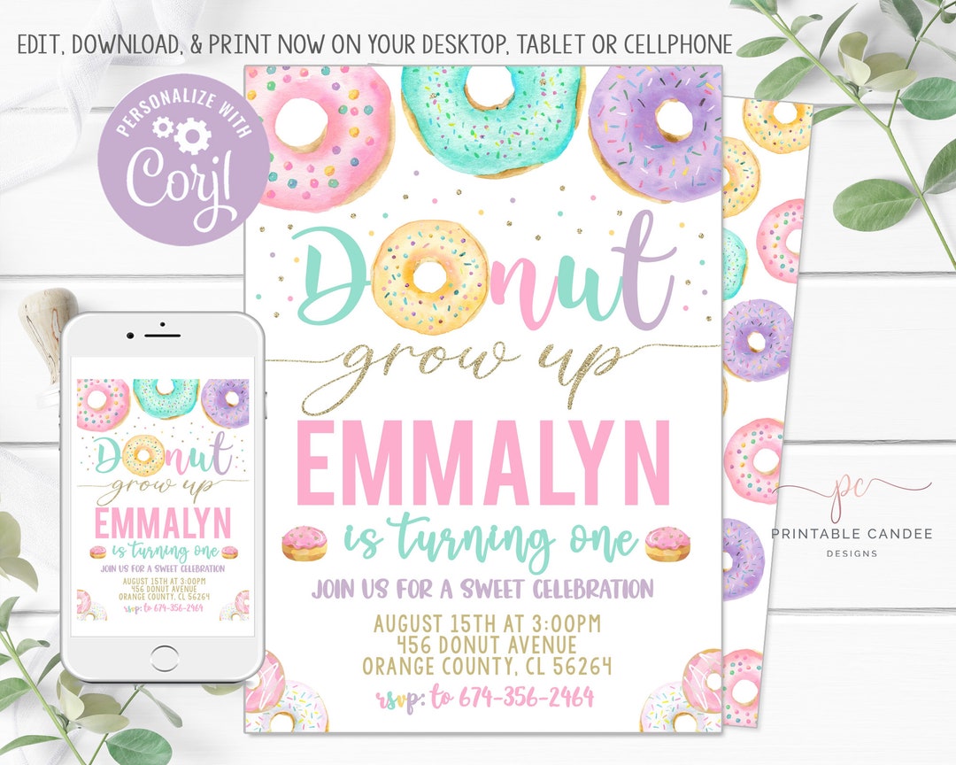Donut Birthday Invitation Pastel Donuts Party Pink Mint Purple Gold ...