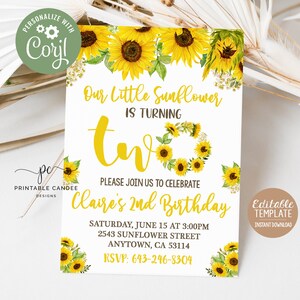 Sunflower 2nd Birthday Invitation Floral Party Invite Summer Sunflowers ...
