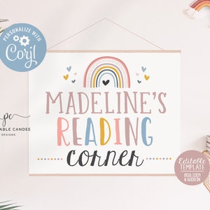 Editable Reading Corner Sign Template Printable Neutral Rainbow Bedroom ...