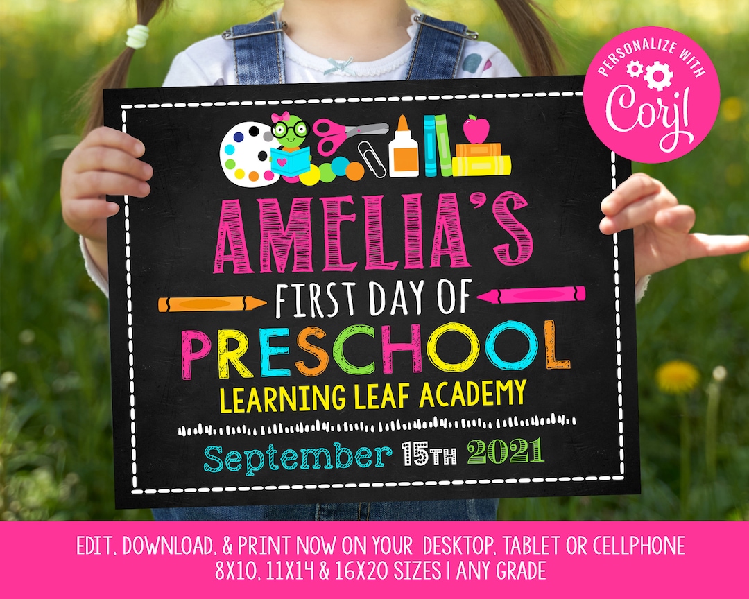 First Day of Preschool Sign 1st Day of Kindergarten Girl Back to School ...