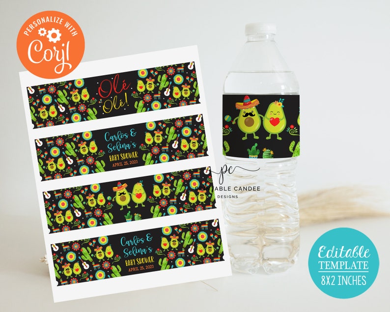 Fiesta Water Bottle Labels Avocado Baby Shower Party Mexican Fiesta ...