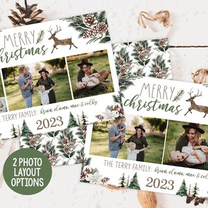 Editable Christmas Card Template Deer Pine Photo Card Antler Green ...