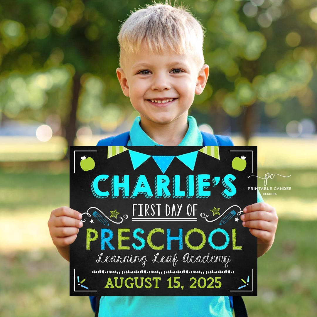 Editable First Day of School Sign Blue Green 1st Day of Preschool ...