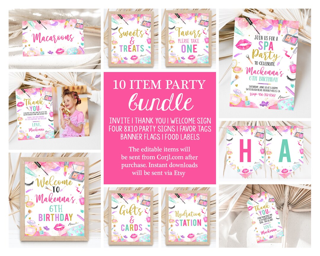 Editable Spa Birthday Party Bundle Girl Makeup Party Theme Invite Signs ...