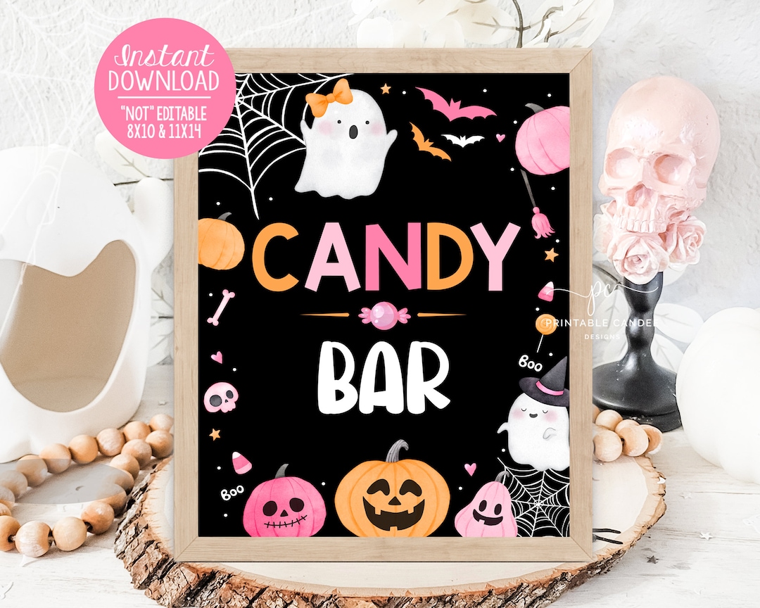Halloween Candy Bar Sign Pink Orange Ghost Party Decor Girl Theme ...