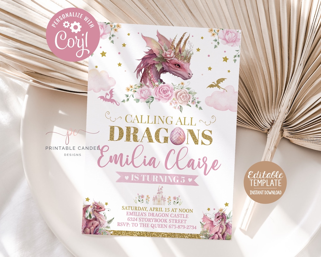Girl Dragon Birthday Invitation Editable Pink Gold Dragon Party ...