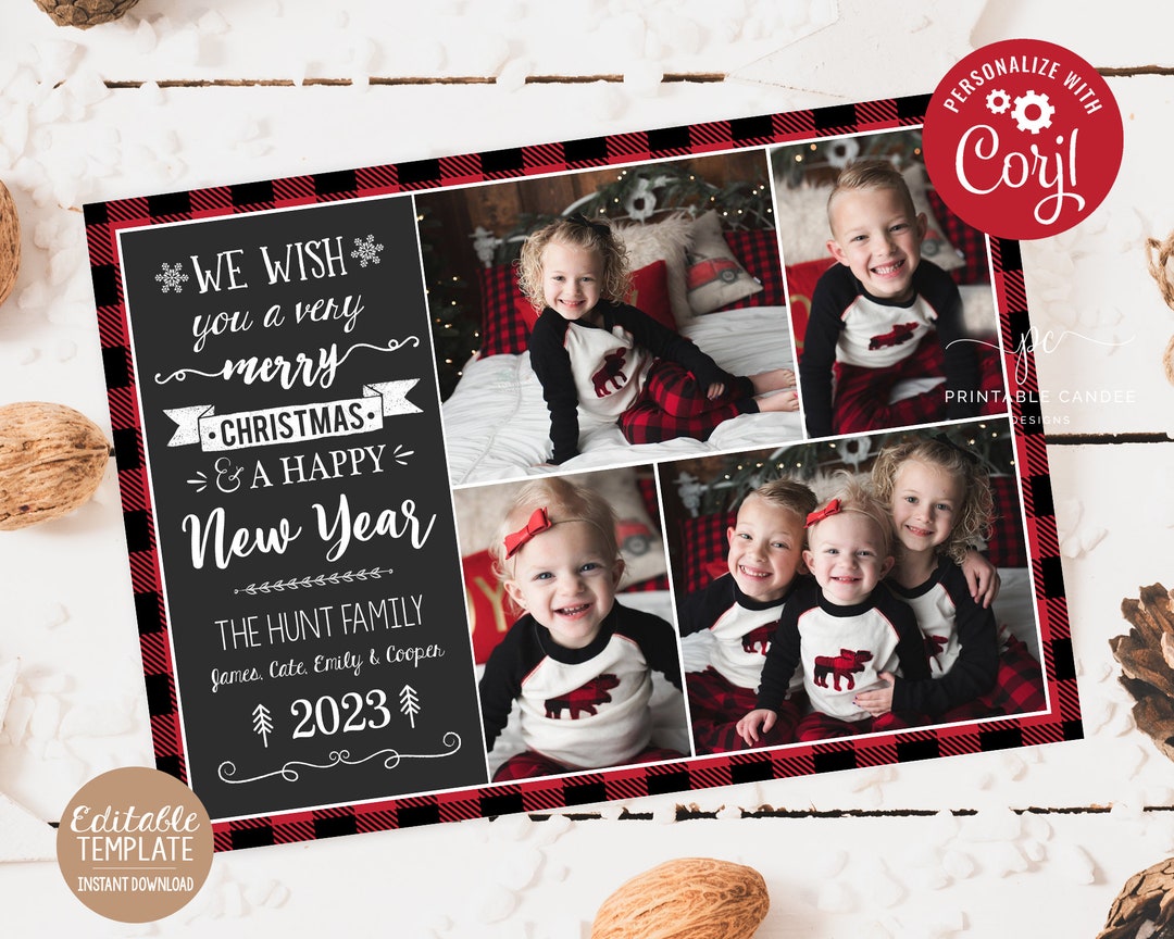 Editable Christmas Card Template Plaid 4 Photo Card Red Chalk Holiday ...