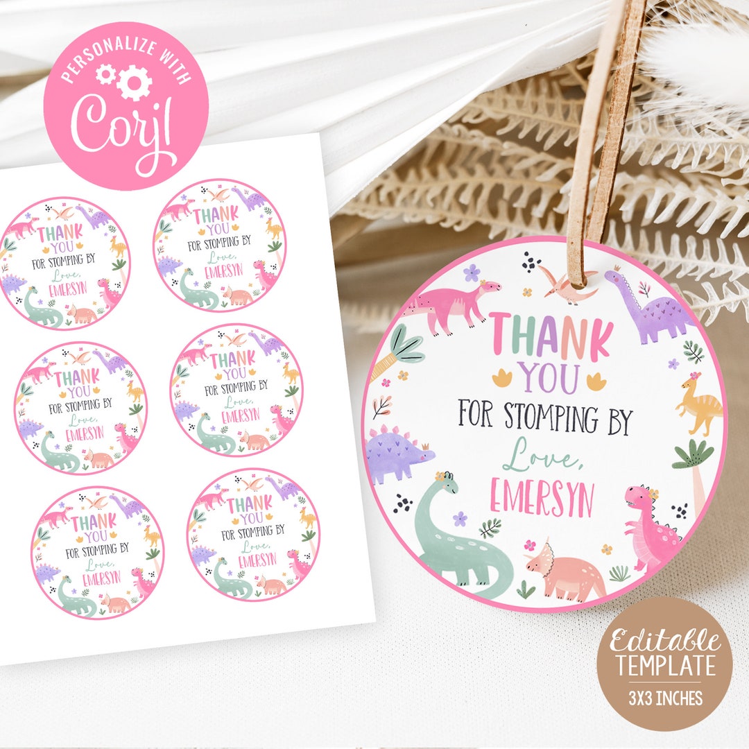 Pastel Dinosaur Favor Tags Girl Dino Birthday Editable Round Party ...