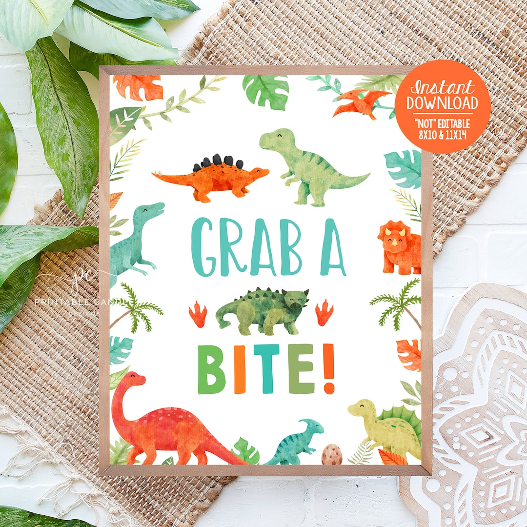 Dinosaur Food Sign Boy White Dino Birthday Party Grab a Bite Table ...