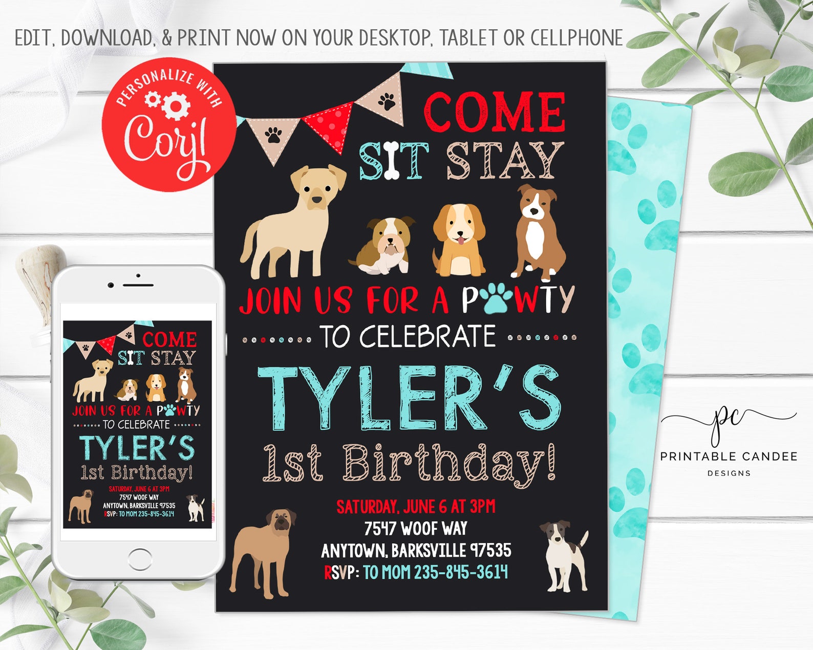 Dog Birthday Invitation Template Boy Puppy Pet Invite Theme - Etsy