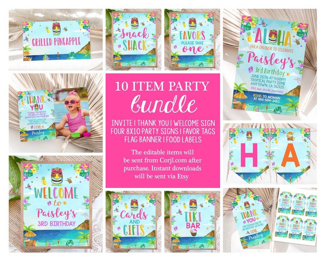 Editable Luau Party Bundle Tropical Theme Birthday Decor Summer Beach ...