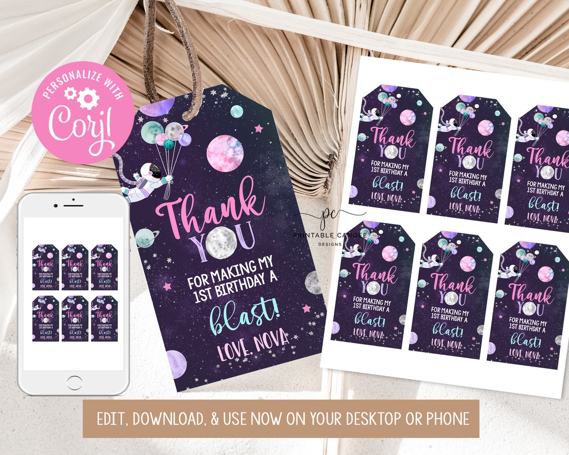 Editable Space Favor Tags Trip Astronaut Girl Pink Favors Galaxy Party ...