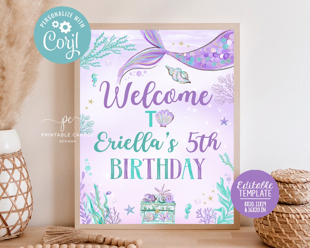 Mermaid Welcome Sign Template Purple Teal Gold Party Theme Mermaids ...