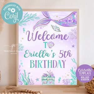 Mermaid Welcome Sign Template Purple Teal Gold Party Theme Mermaids ...
