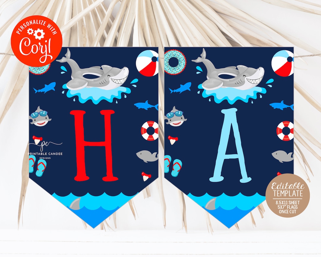 Shark Party Flags Template Summer Boy Birthday Editable Flag Banner ...