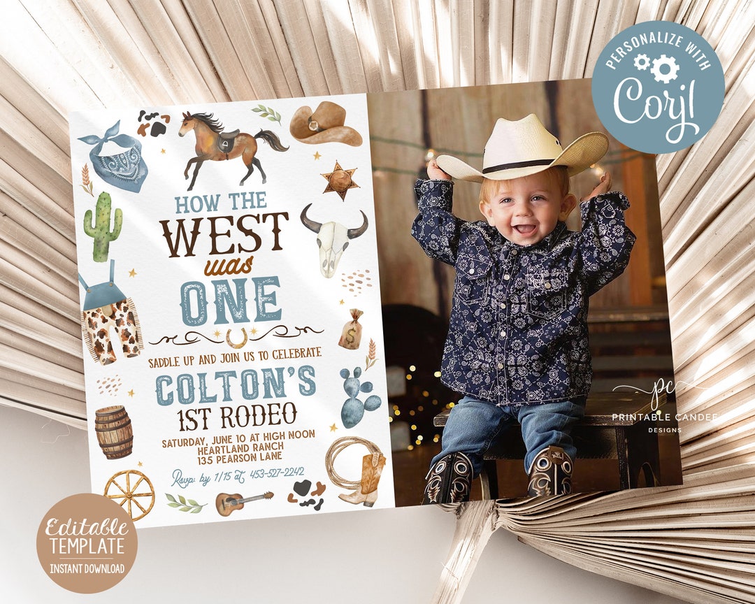 Editable How the West Was One Birthday Invitation Cowboy Blue 1st Rodeo ...