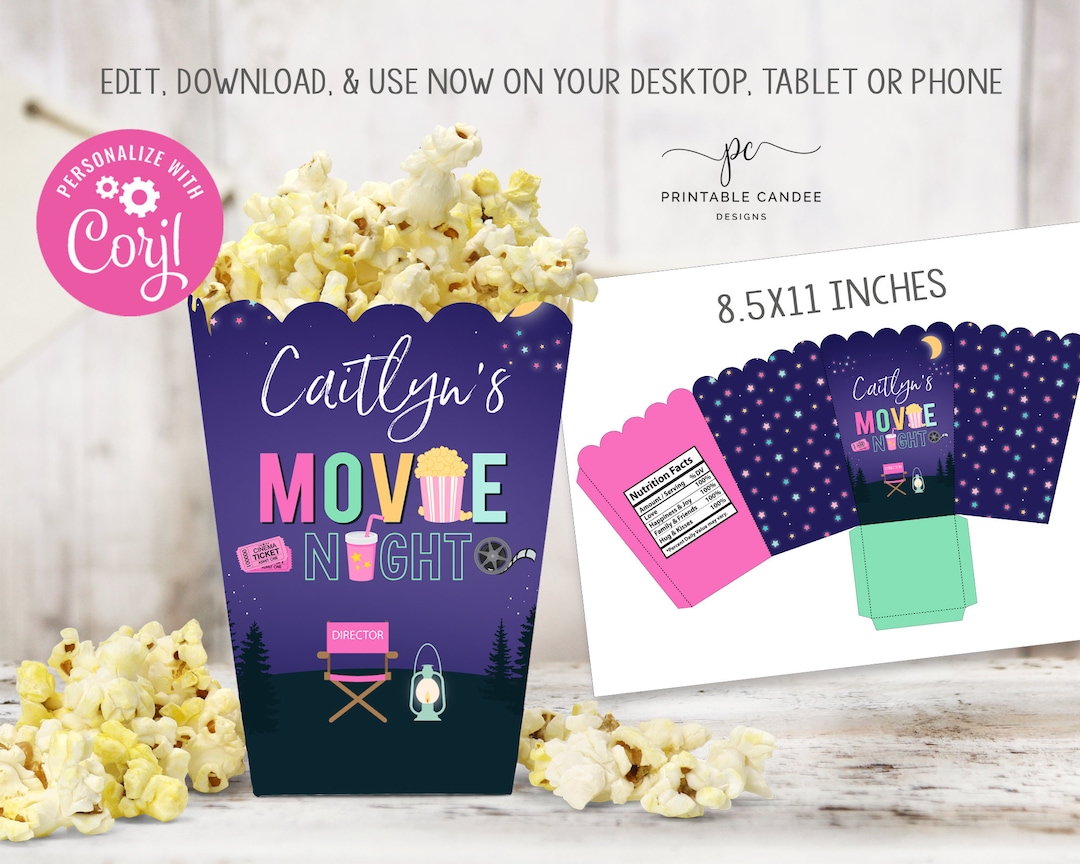 Backyard Movie Night Printable Popcorn Box Template Outdoor Movie ...