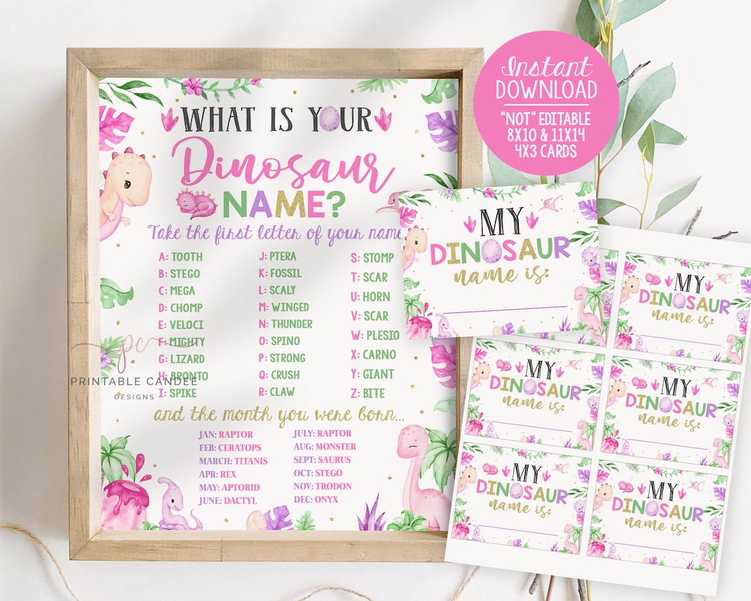 Dinosaur Name Game Sign Girl Dinos Birthday Theme Dino Party Activity ...