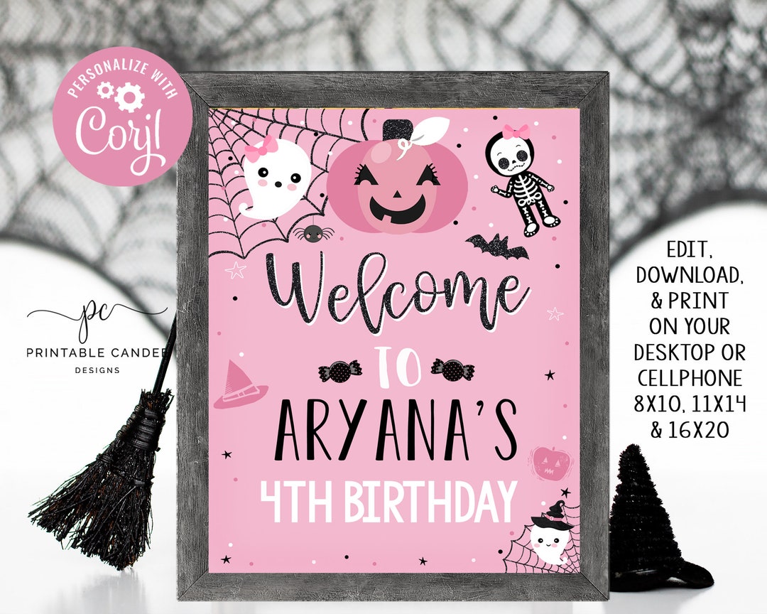 Halloween Welcome Sign Costume Party Girl Invite Theme Pink ...