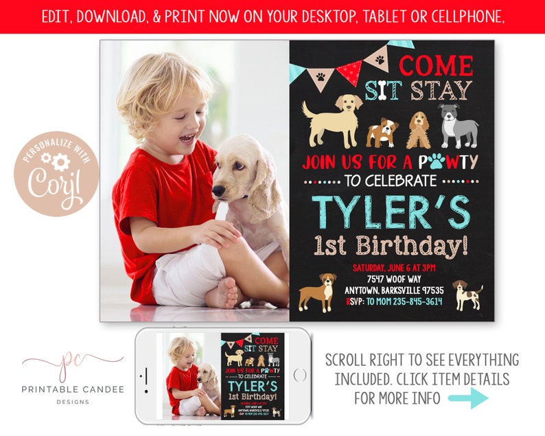 Dog Birthday Party Invitation Boy Puppy Pet Invite Theme | Etsy