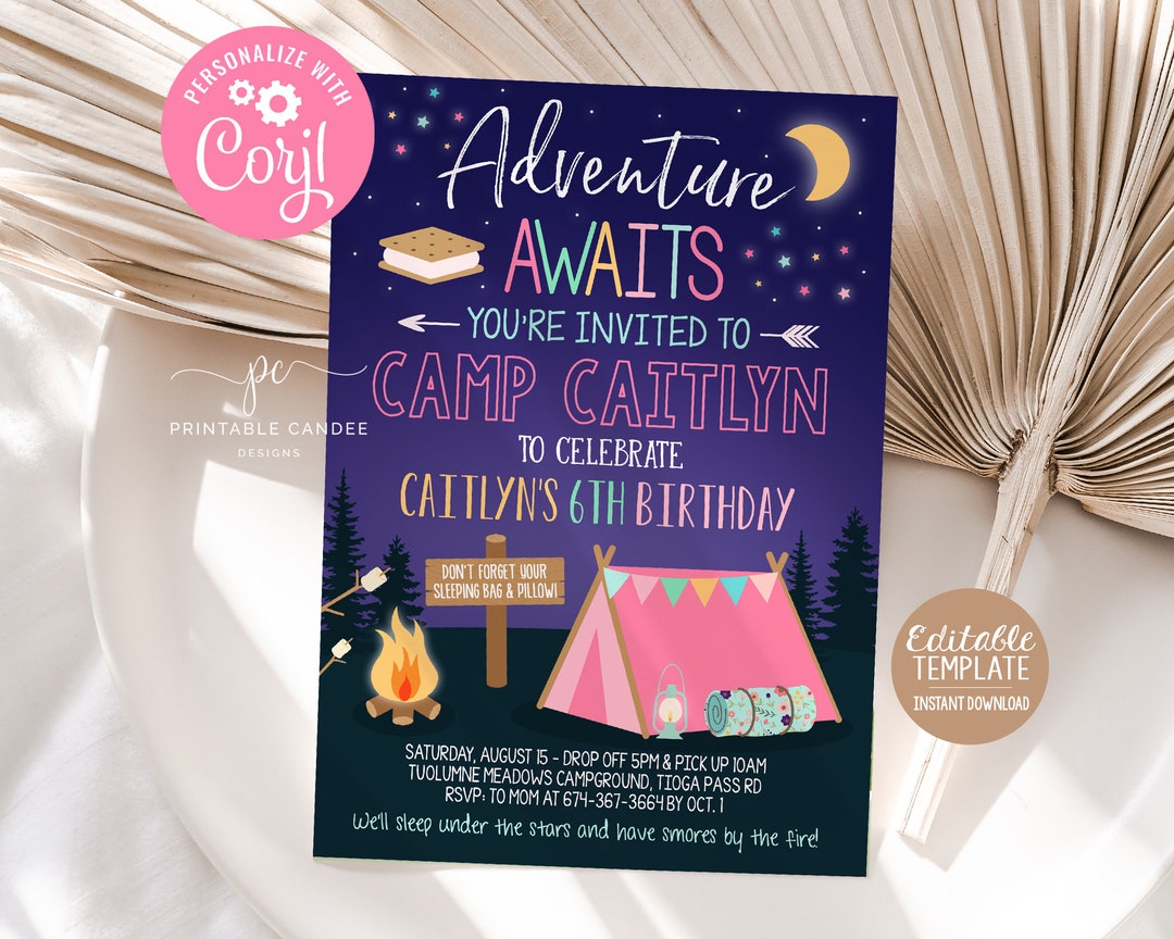 Girl Camping Invitation Editable Birthday Invite Sleepover Party ...