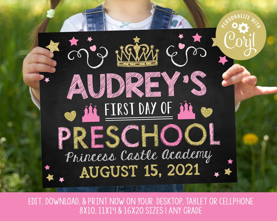 First Day of School Chalkboard Sign Princess Girl 1st Day of Preschool ...