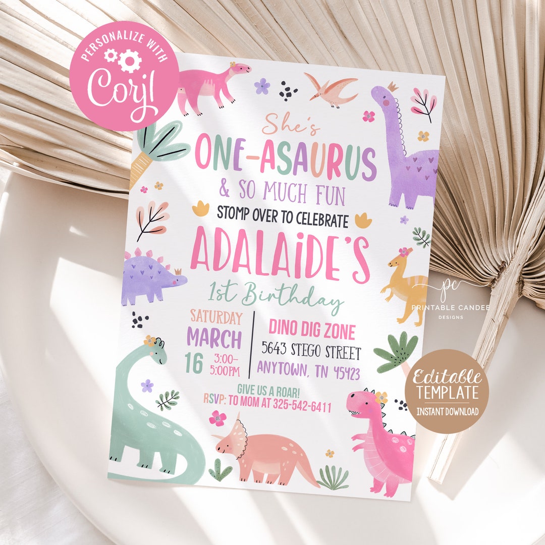 Pastel Dinosaur 1st Birthday Invitation Girl Oneasaurus Rex Party ...