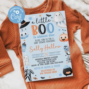 Editable Blue A Little Boo Baby Shower Invitation Boy Halloween Baby ...