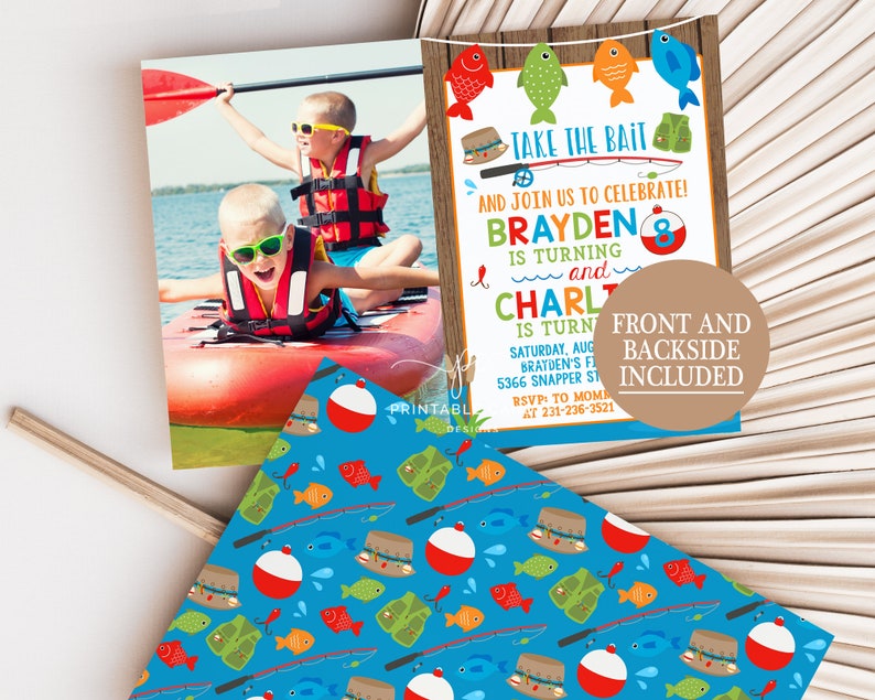 Fishing Birthday Sibling Invitation Two Kids Fishing Double Invite ...