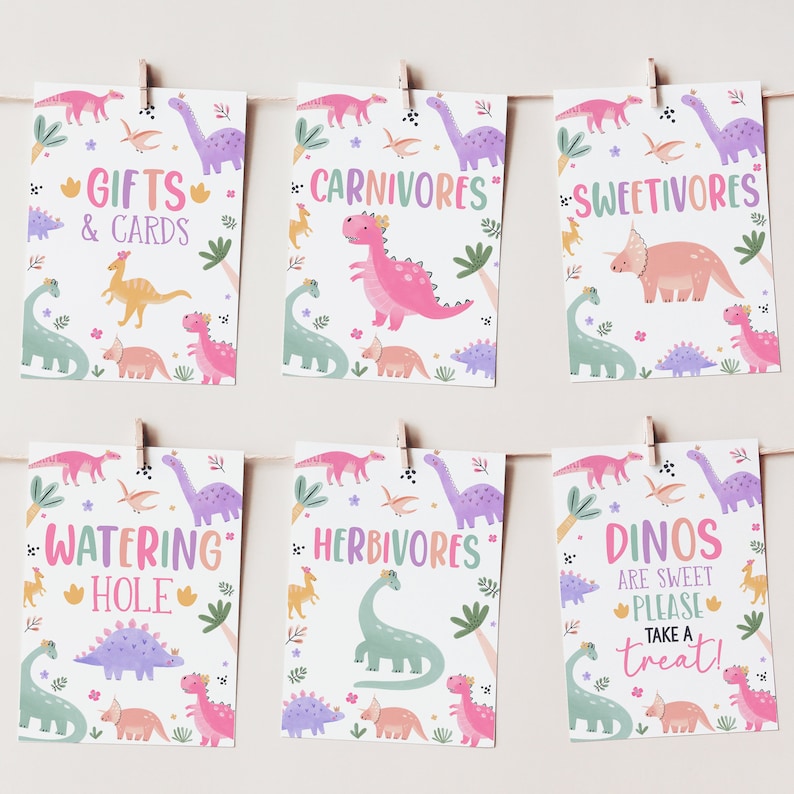 Pastel Dinosaur Party Signs Girl Dino Birthday Party Decor Table Food ...