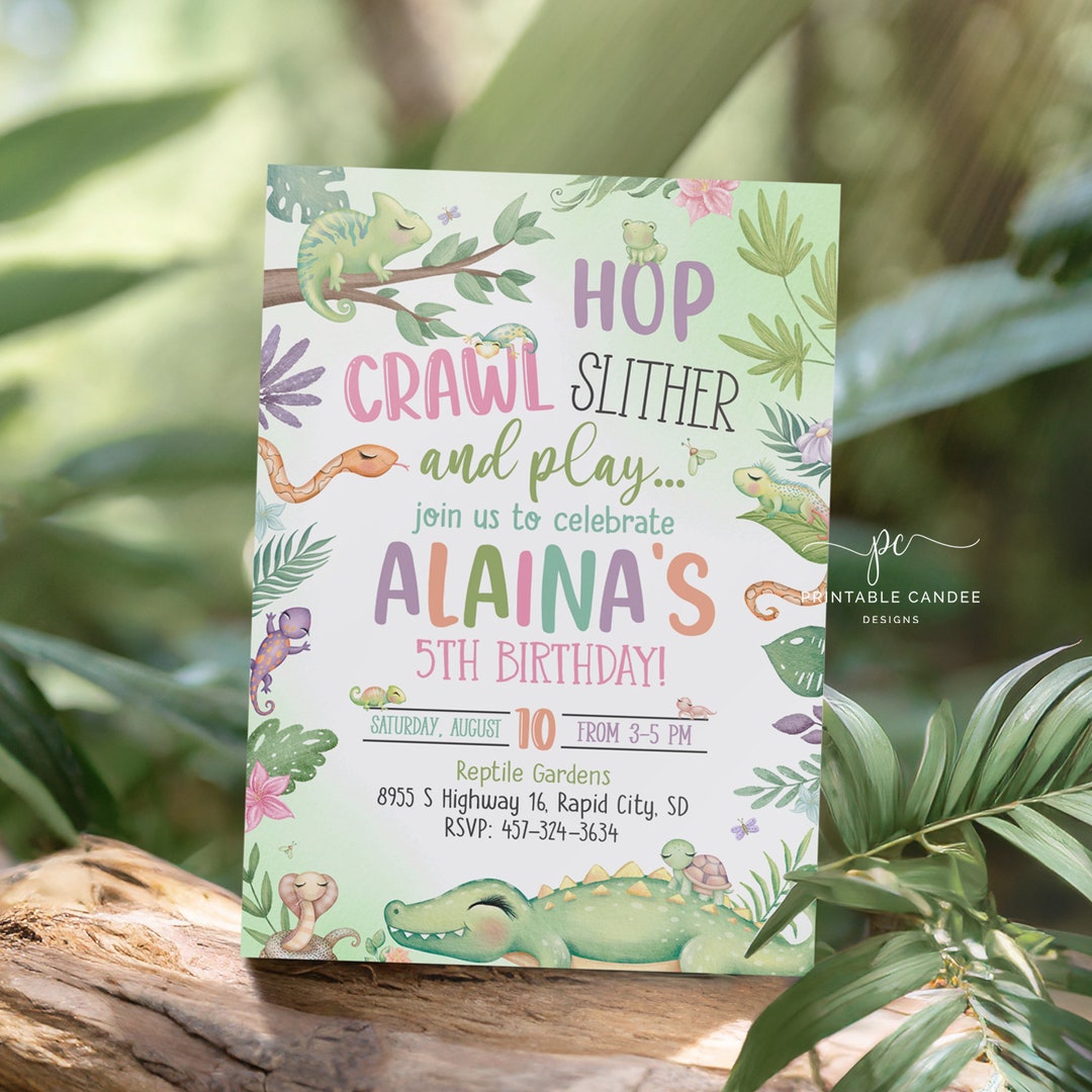 Editable Reptile Pastel Girl Birthday Invitation Lizard Birthday Party ...